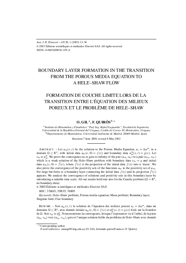(PDF) Boundary layer formation in the transition from the Porous Media Equation to a Hele–Shaw flow