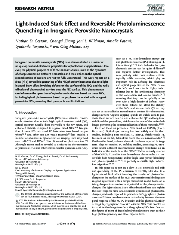(PDF) Light‐Induced Stark Effect and Reversible Photoluminescence ...