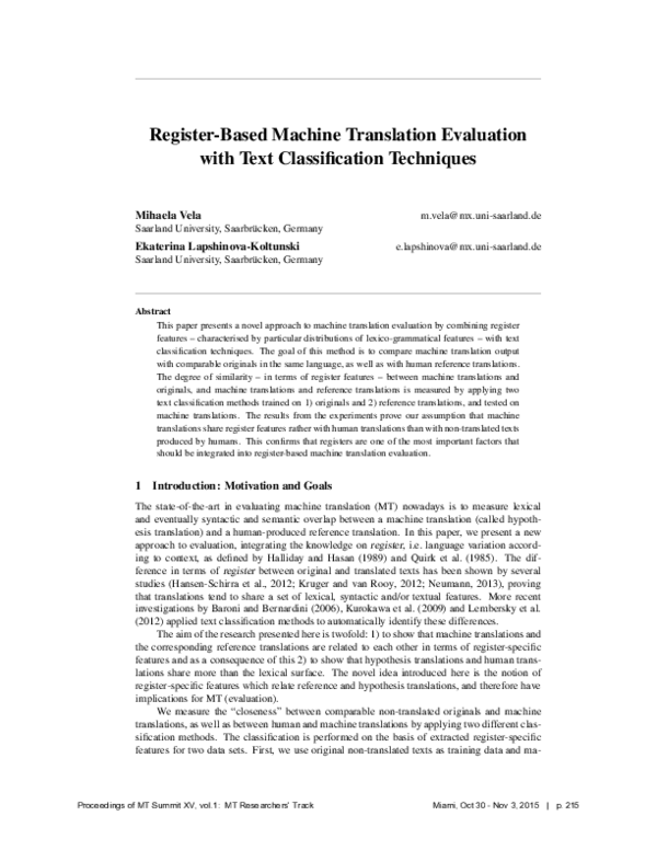 (PDF) Register-based machine translation evaluation with text classification techniques