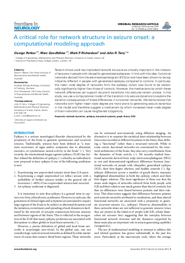 Pdf A Critical Role For Network Structure In Seizure Onset A Computational Modeling Approach