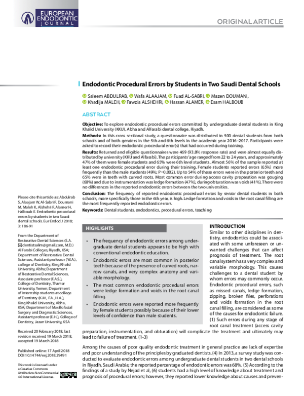 (PDF) Endodontic procedural errors by students in two Saudi dental schools
