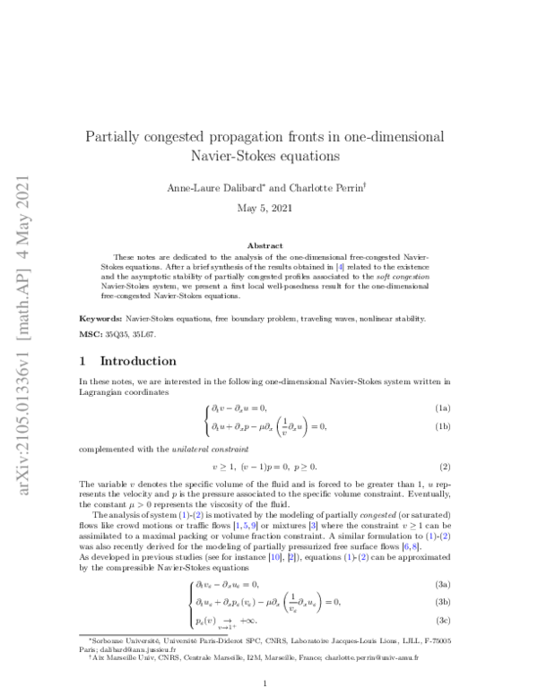 Pdf Partially Congested Propagation Fronts In One Dimensional Navier Stokes Equations Anne
