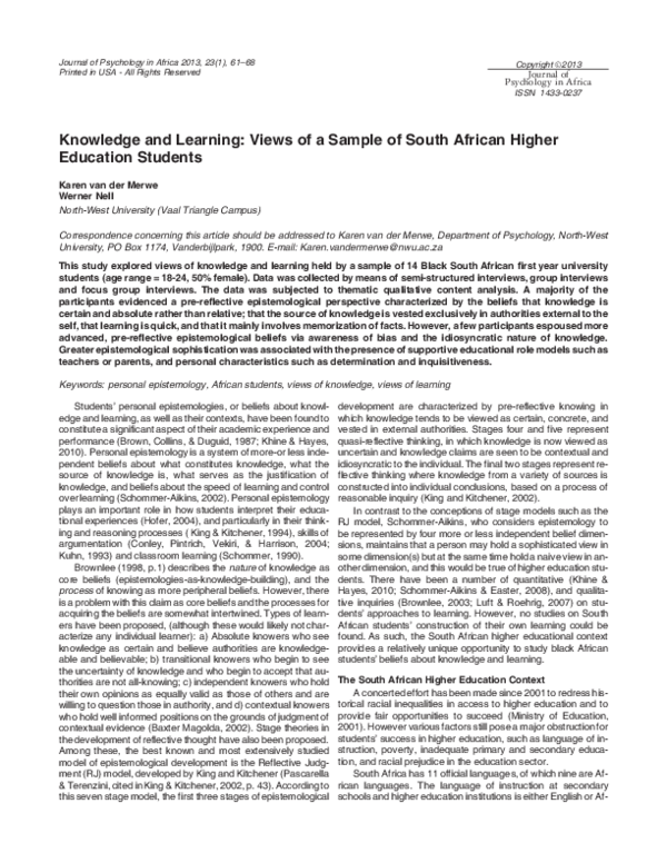 (PDF) Knowledge and Learning: Views of a Sample of South African Higher Education Students