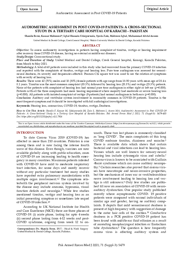 (PDF) Audiometric Assessment in Post COVID-19 Patients: A Cross ...
