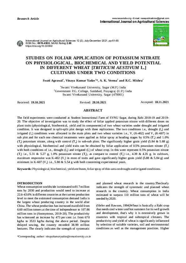(PDF) Studies on Foliar Application of Potassium Nitrate on Physiological, Biochemical and Yield ...
