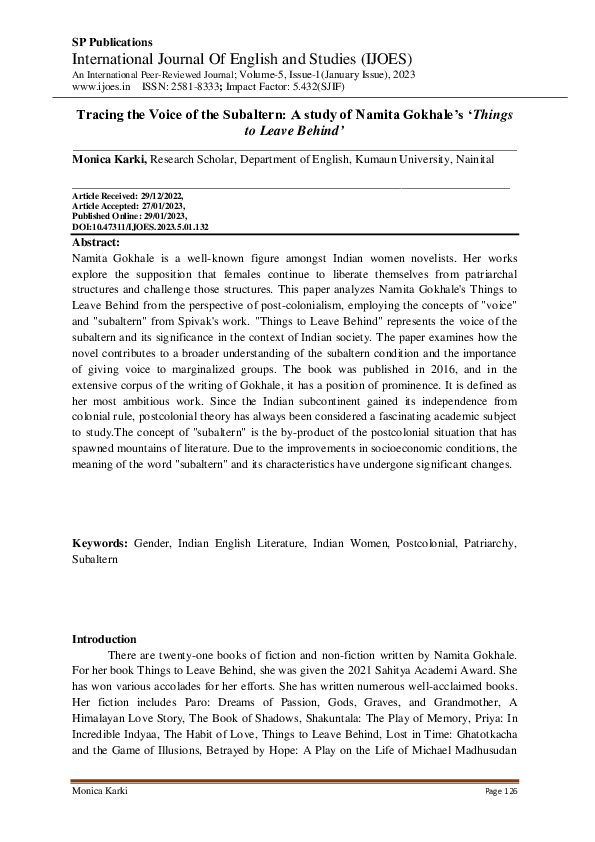 (PDF) Tracing the Voice of the Subaltern: A study of Namita Gokhale’s ...