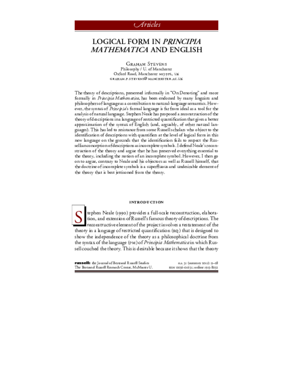 (PDF) Logical Form in Principia Mathematica and English