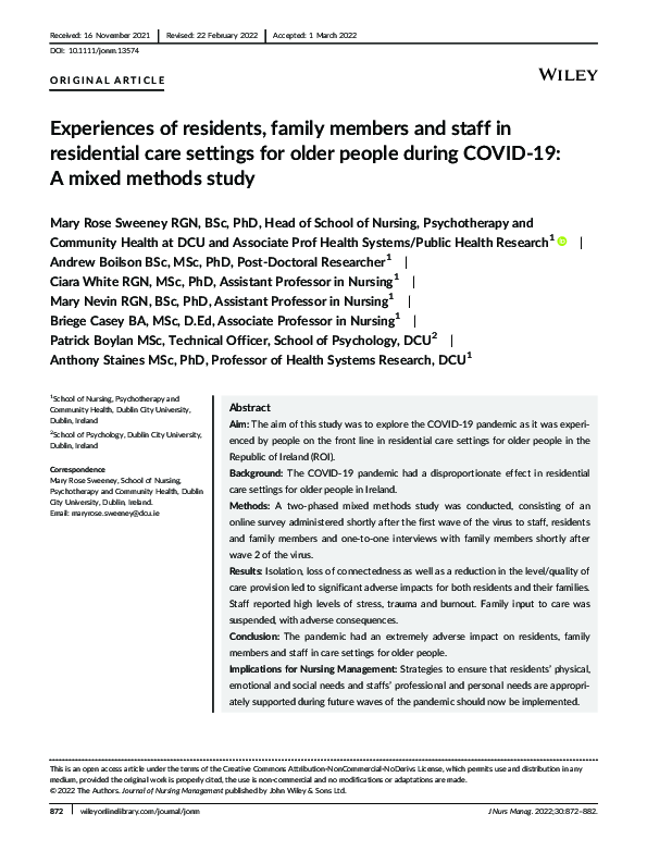 (PDF) Experiences of residents, family members and staff in residential ...