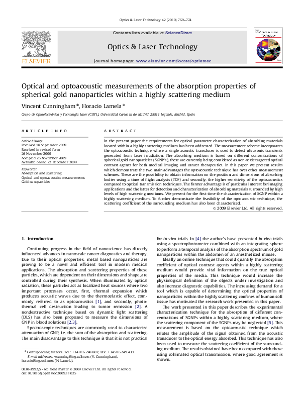 (PDF) Optical and optoacoustic measurements of the absorption properties of spherical gold ...
