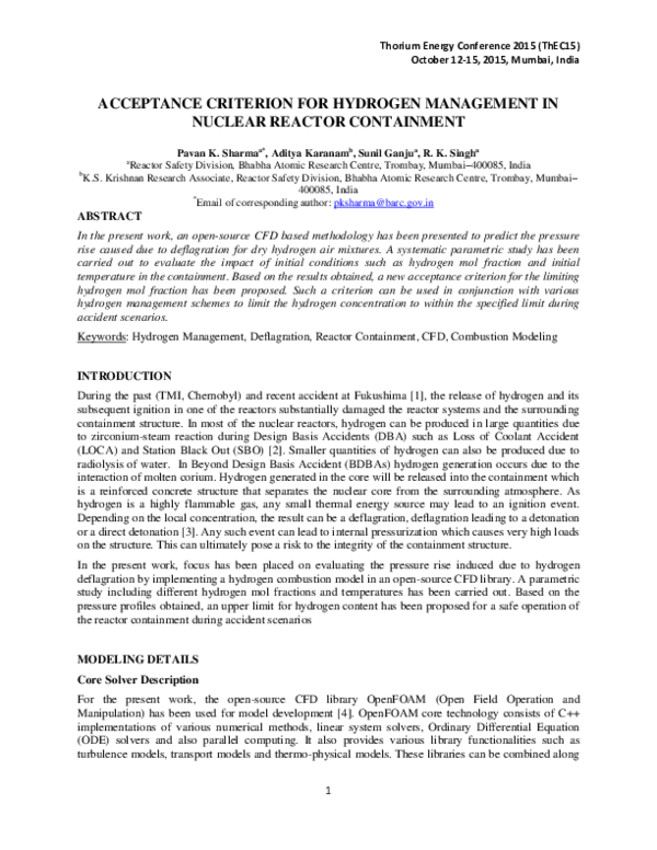 (PDF) Acceptance Criterion for Hydrogen Management in Nuclear Reactor Containment