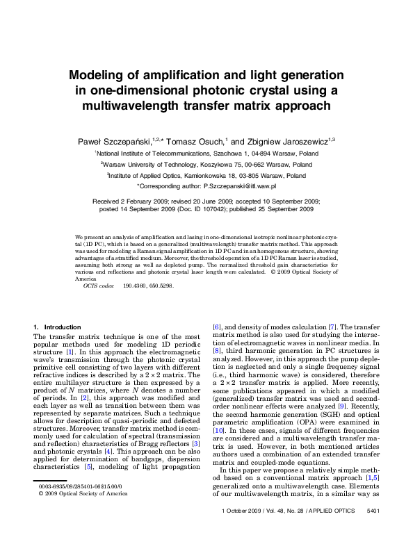 Pdf Modeling Of Amplification And Light Generation In One Dimensional Photonic Crystal Using A