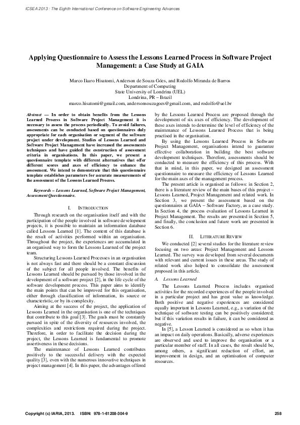 (PDF) Applying Questionnaire to Assess the Lessons Learned Process in Software Project ...