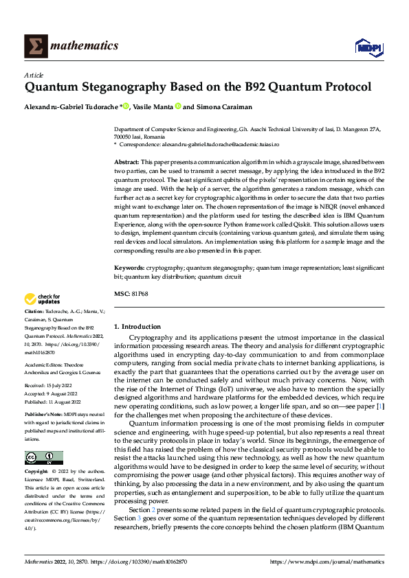 (PDF) Quantum Steganography Based on the B92 Quantum Protocol