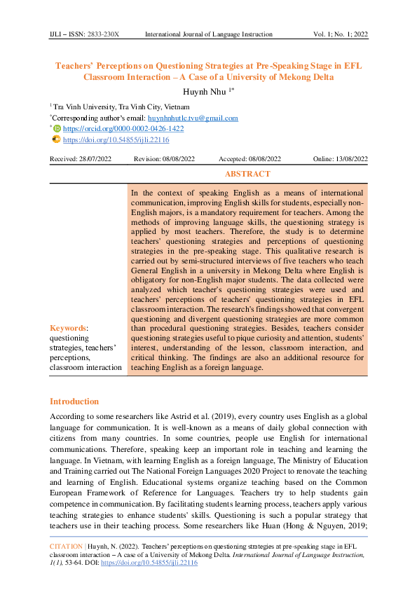 Pdf Teachers Perceptions On Questioning Strategies At Pre Speaking Stage In Efl Classroom