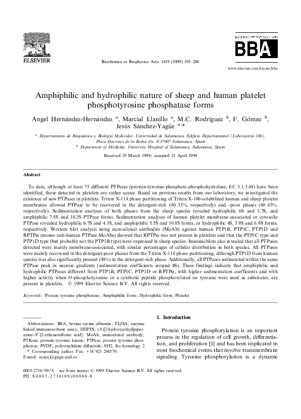 (PDF) Amphiphilic and hydrophilic nature of sheep and human platelet ...