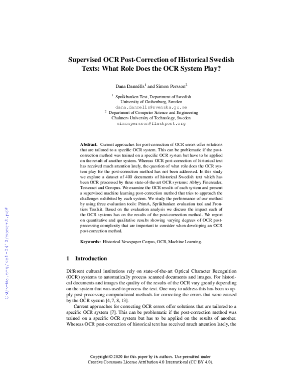 (PDF) Supervised OCR Post-Correction of Historical Swedish Texts: What Role Does the OCR System ...