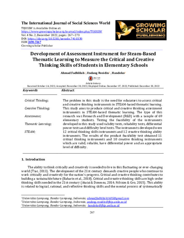 (PDF) Development of Assessment Instrument for Steam-Based Thematic Learning to Measure the ...