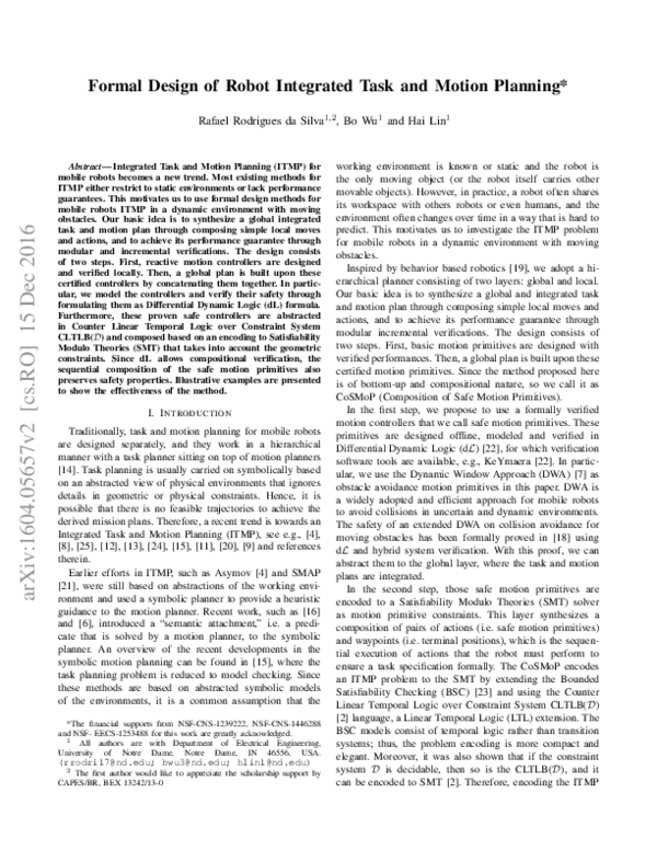 (PDF) Formal design of robot Integrated Task and Motion Planning (PDF) Formal design of robot Integrated Task and Motion Planning
