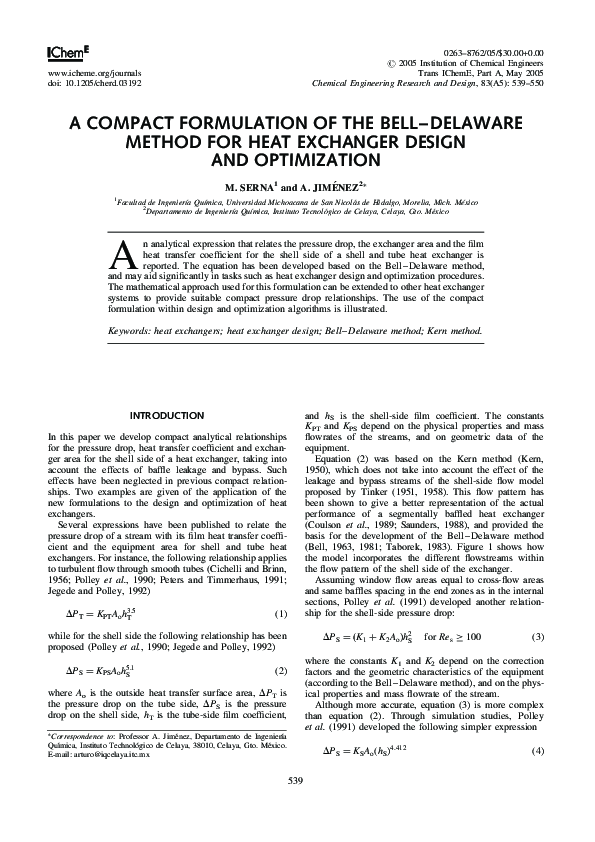(PDF) A Compact Formulation of the Bell–Delaware Method for Heat Exchanger Design and Optimization