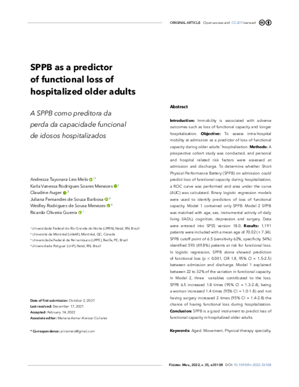 (PDF) SPPB as a predictor of functional loss of hospitalized older adults