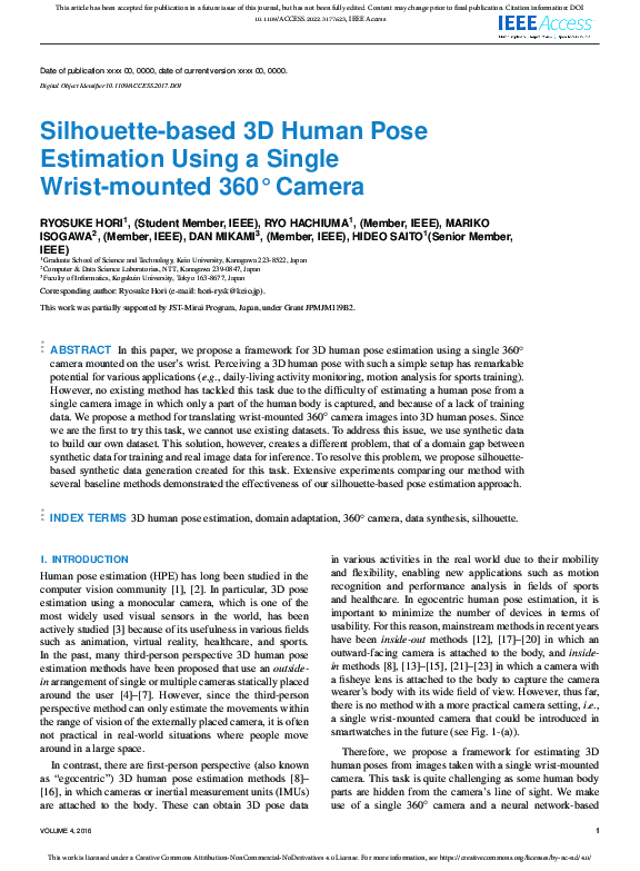 (PDF) Silhouette-based 3D Human Pose Estimation Using a Single Wrist-mounted 360° Camera