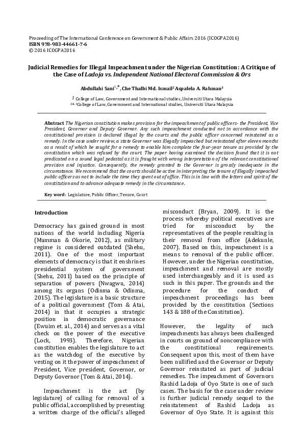 (PDF) Judicial remedies for illegal impeachment under the Nigerian ...