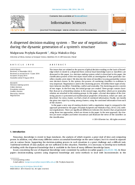 (PDF) A dispersed decision-making system – The use of negotiations ...