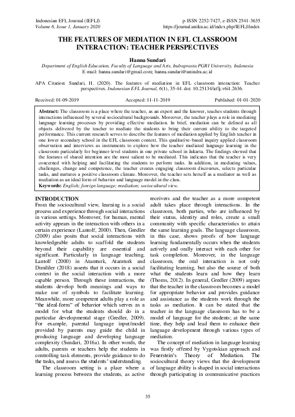 (PDF) The Features of Mediation in Efl Classroom Interaction: Teacher ...