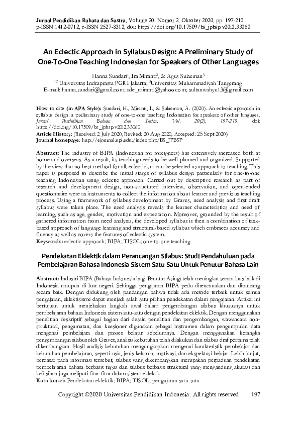 (PDF) An Eclectic Approach in Syllabus Design: A Preliminary Study of One-To-One Teaching ...
