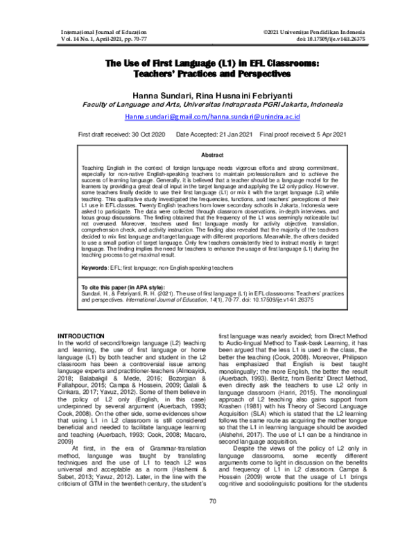 (PDF) The Use of First Language (L1) in EFL Classrooms: Teachers’ Practices and Perspectives