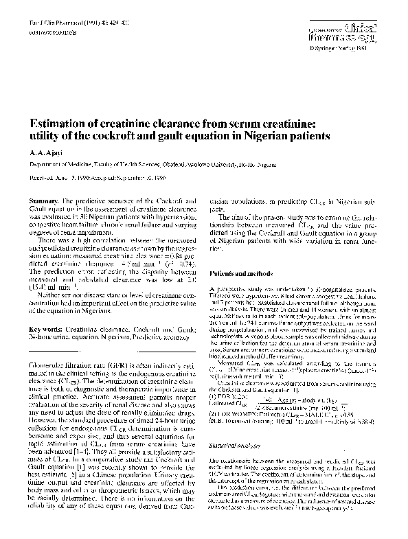 (PDF) Estimation of creatinine clearance from serum creatinine: utility ...