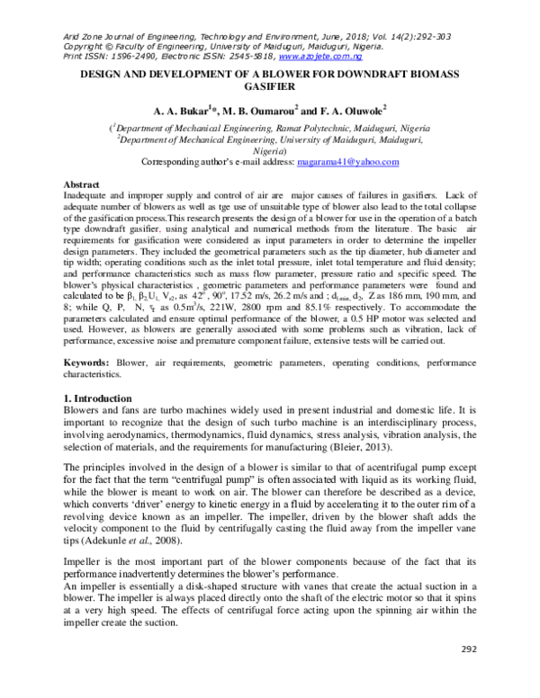 (PDF) Design and Development of a Blower for Downdraft Biomass Gasifier