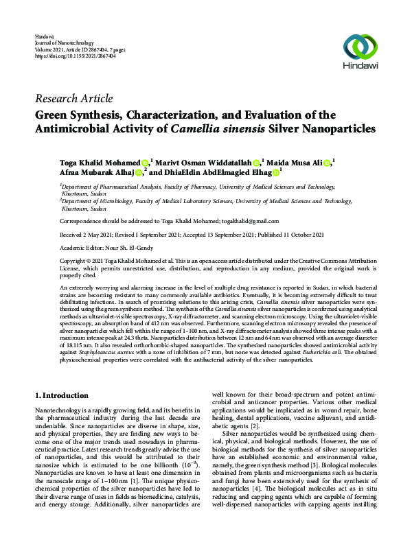 (PDF) Green Synthesis, Characterization, and Evaluation of the Antimicrobial Activity of ...