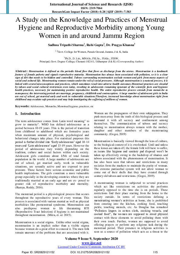 (PDF) A Study on the Knowledge and Practices of Menstrual Hygiene and ...