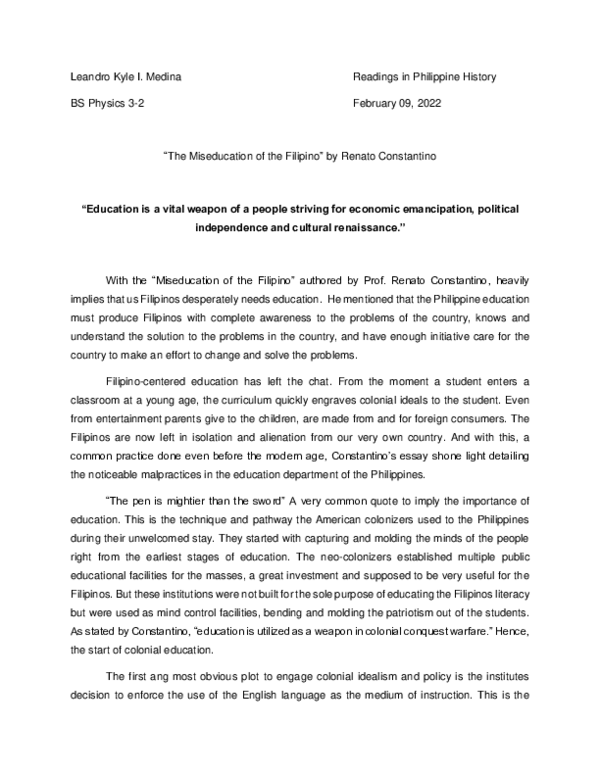(PDF) The Miseducation of the Filipino by Renato Constantino