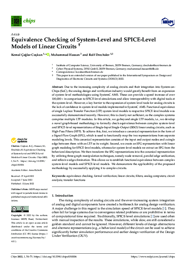 Pdf Equivalence Checking Of System Level And Spice Level Models Of