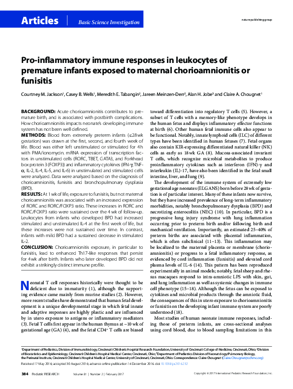 (PDF) Pro-inflammatory immune responses in leukocytes of premature ...