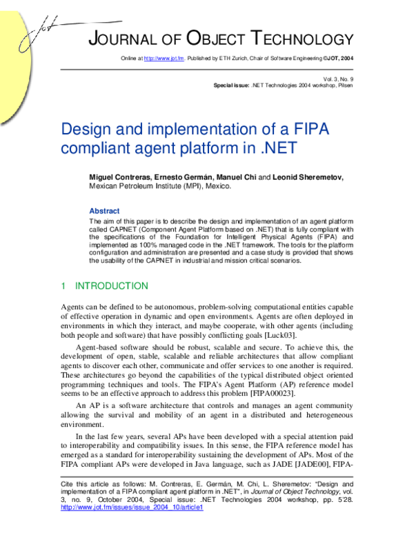 (PDF) Design and implementation of a FIPA compliant agent platform in .NET