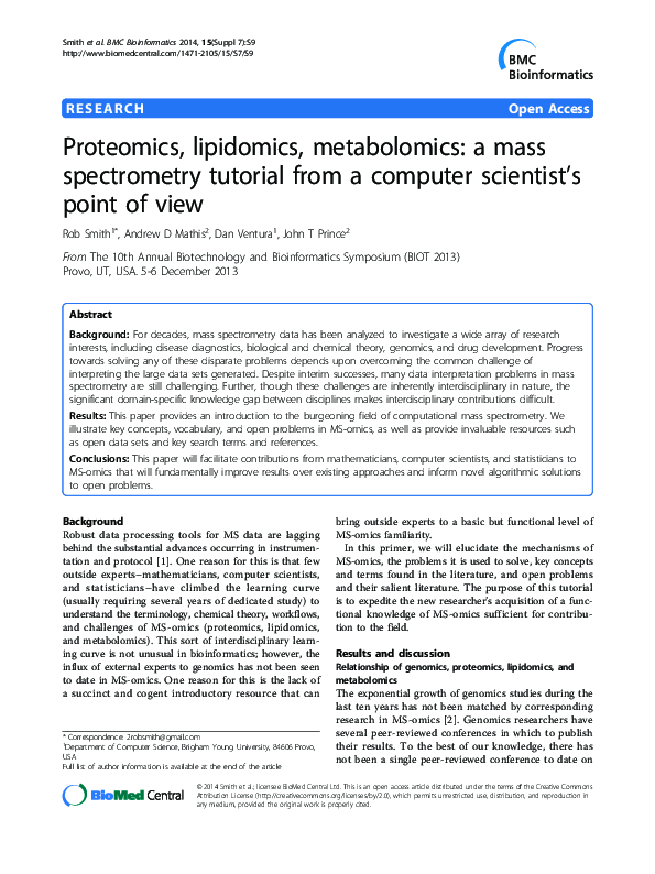 (PDF) Proteomics, lipidomics, metabolomics: a mass spectrometry tutorial from a computer ...