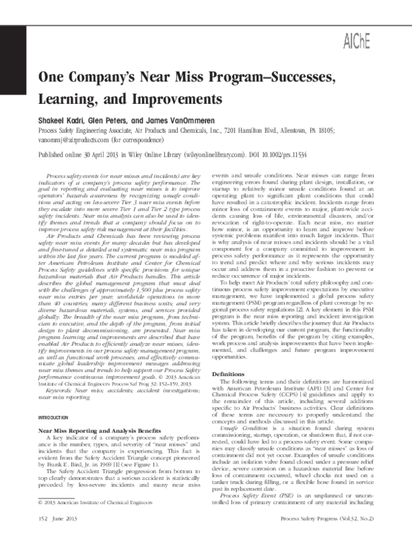(PDF) One company's near miss program-successes, learning, and improvements