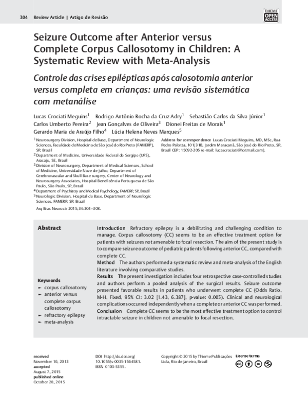 (PDF) Seizure Outcome after Anterior versus Complete Corpus Callosotomy in Children: A ...