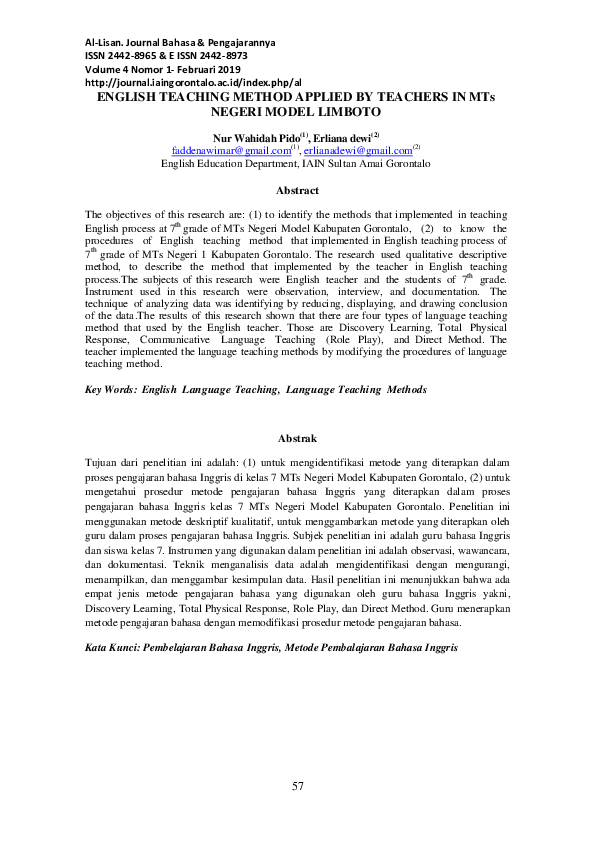 (PDF) ENGLISH TEACHING METHOD APPLIED BY TEACHERS IN MTs NEGERI MODEL LIMBOTO