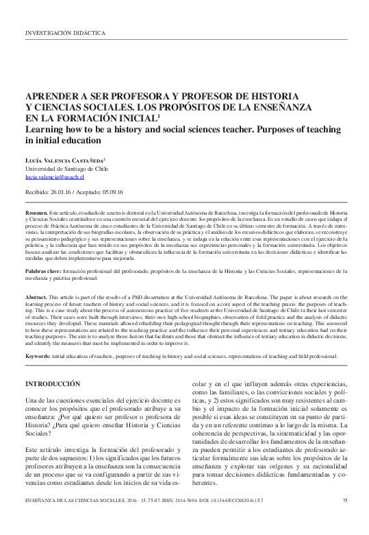 (PDF) Aprender a ser profesora y profesor de historia y ciencias sociales. Los prop sitos de la ...