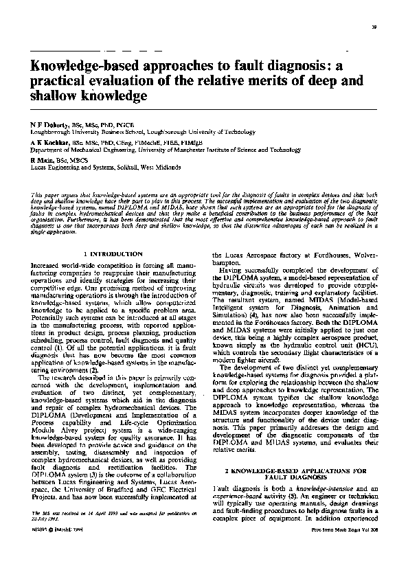 (PDF) Knowledge-Based Approaches to Fault Diagnosis: A Practical Evaluation of the Relative ...