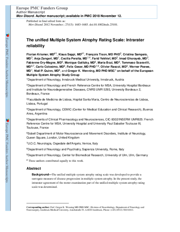 (PDF) The Unified Multiple System Atrophy Rating Scale: Intrarater reliability