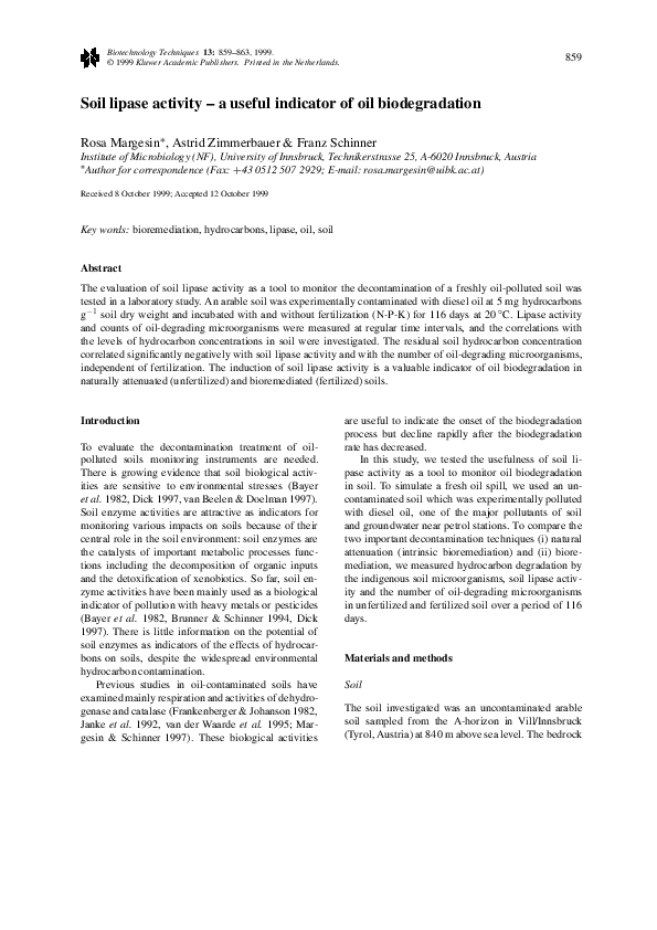 (PDF) Soil lipase activity – a useful indicator of oil biodegradation