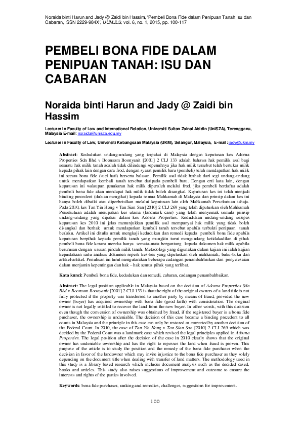 (PDF) Pembeli Bona Fide Dalam Penipuan Tanah:Isu Dan Cabaran