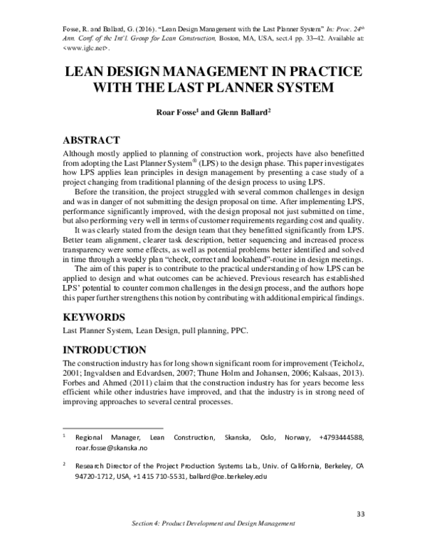 (PDF) Lean Design Management in Practice With the Last Planner System | Glenn Ballard - Academia.edu