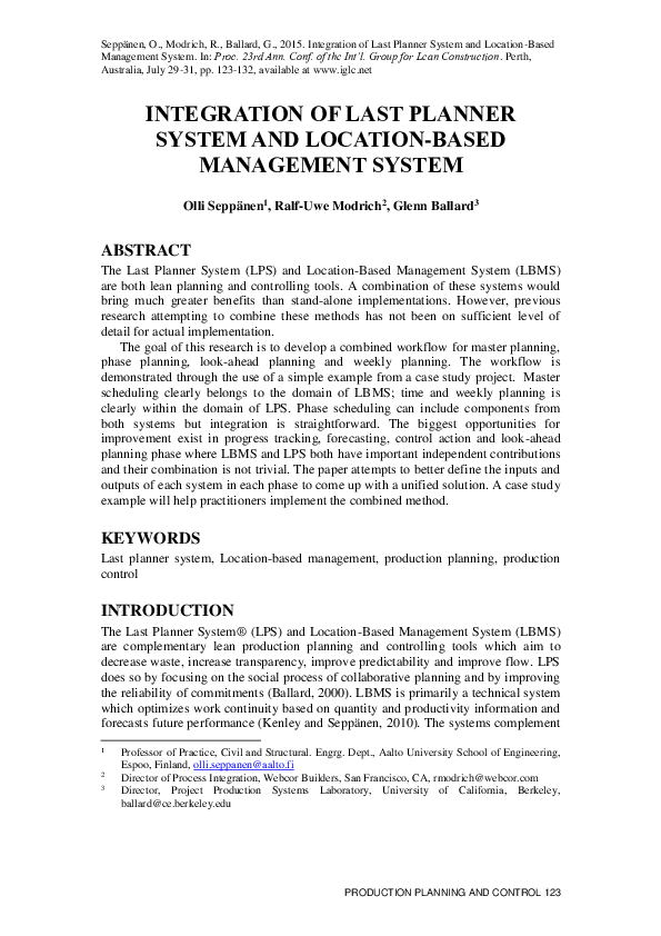 (PDF) Integration of Last Planner System and Location-Based Management System