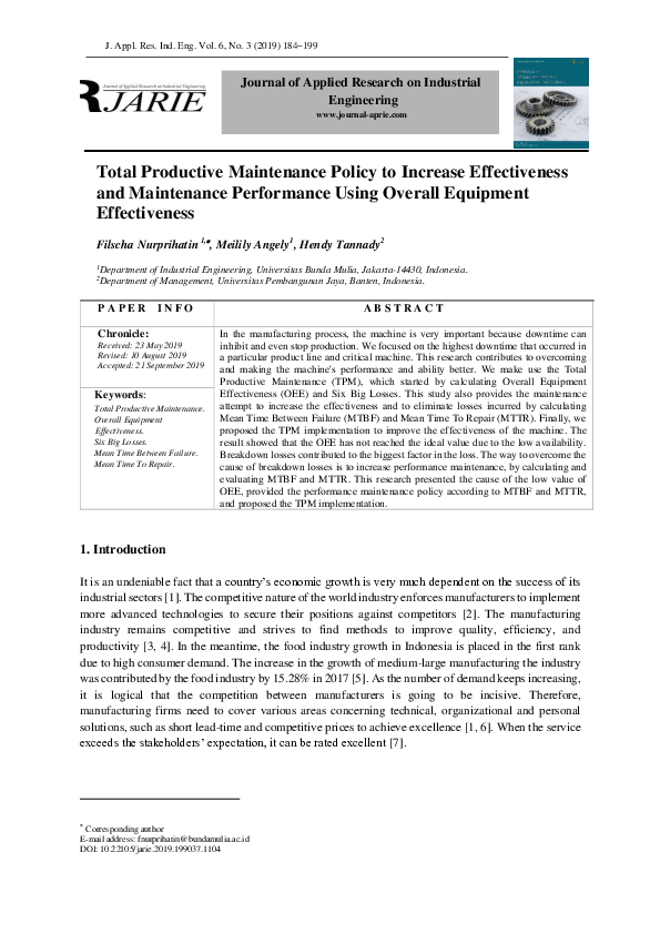 (PDF) Total productive maintenance policy to increase effectiveness and ...
